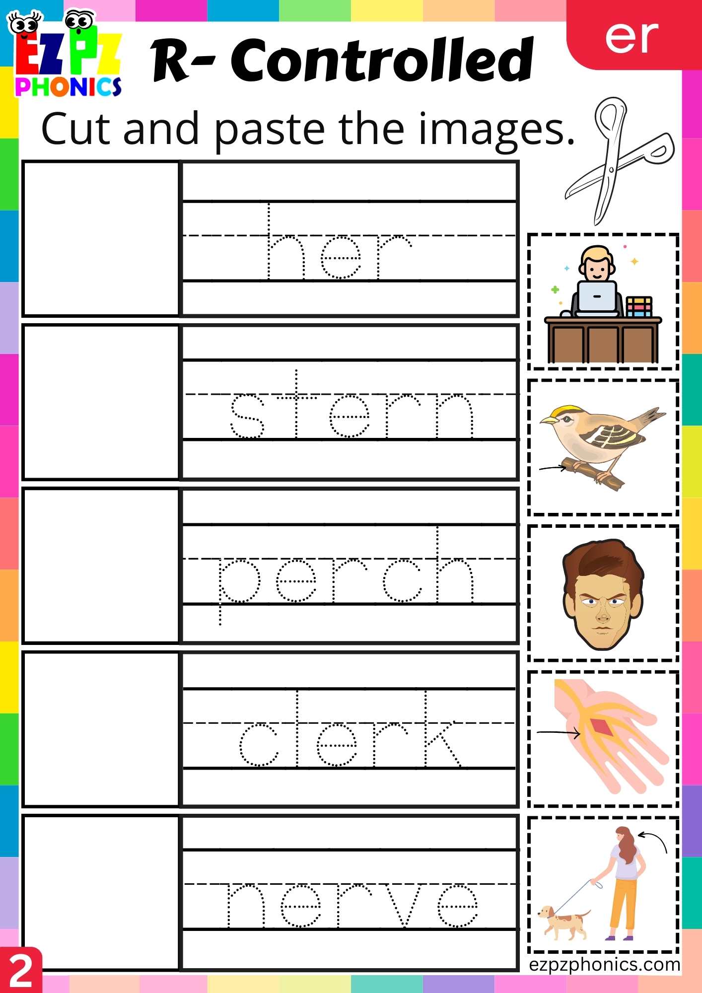 Cut and paste the images activity for er words R controlled vowels phonics group 2 - ezpzphonics.com
